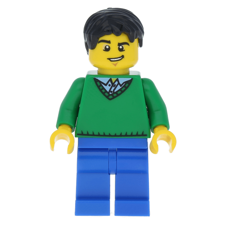 LEGO Minifigur cty0503 - Green V-Neck Sweater, Blue Legs, Black Short Tousled Hair, Lopsided ...